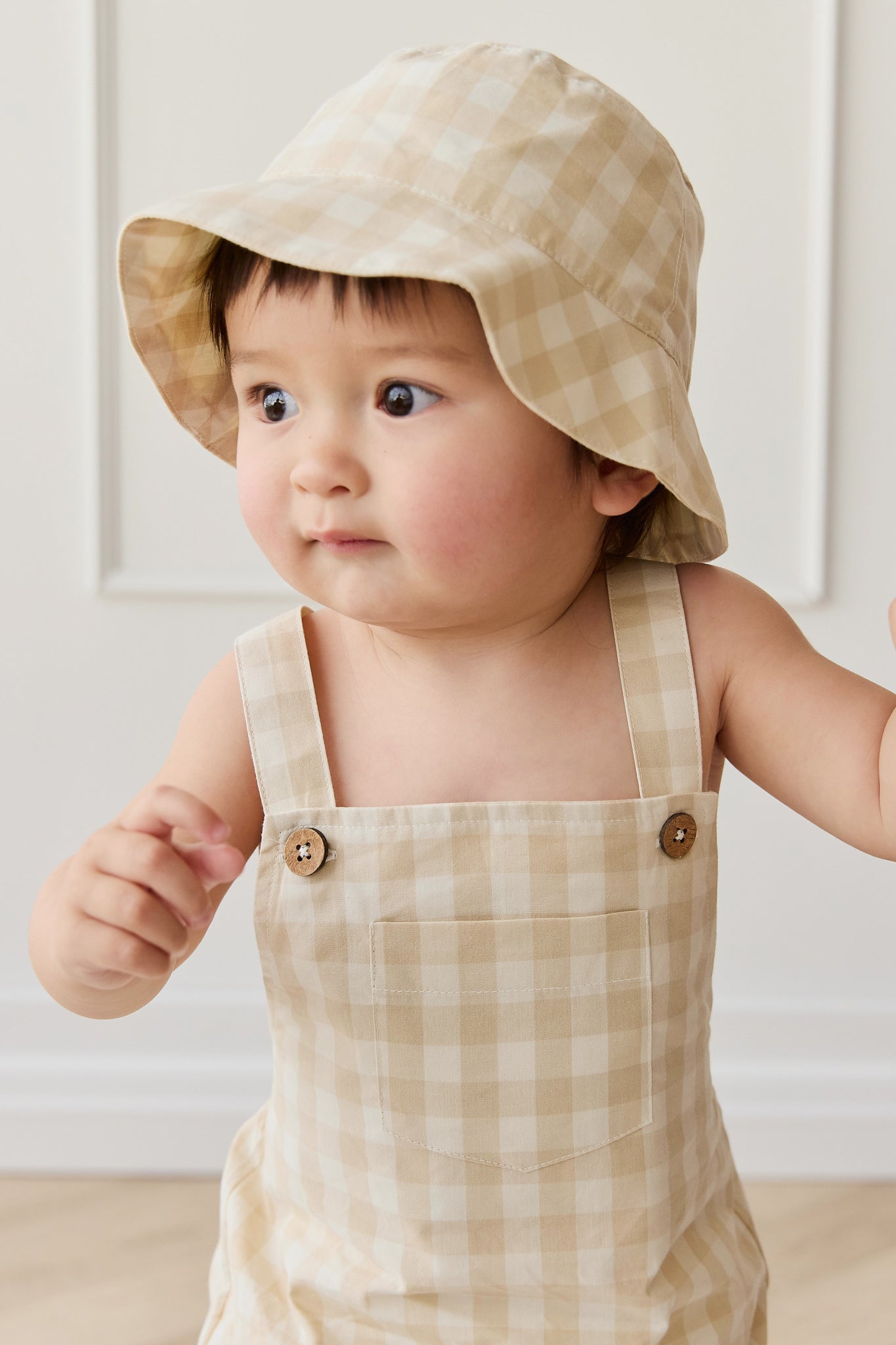 Organic Cotton Kingston Overall - Gingham Pale Khaki – Jamie Kay USA